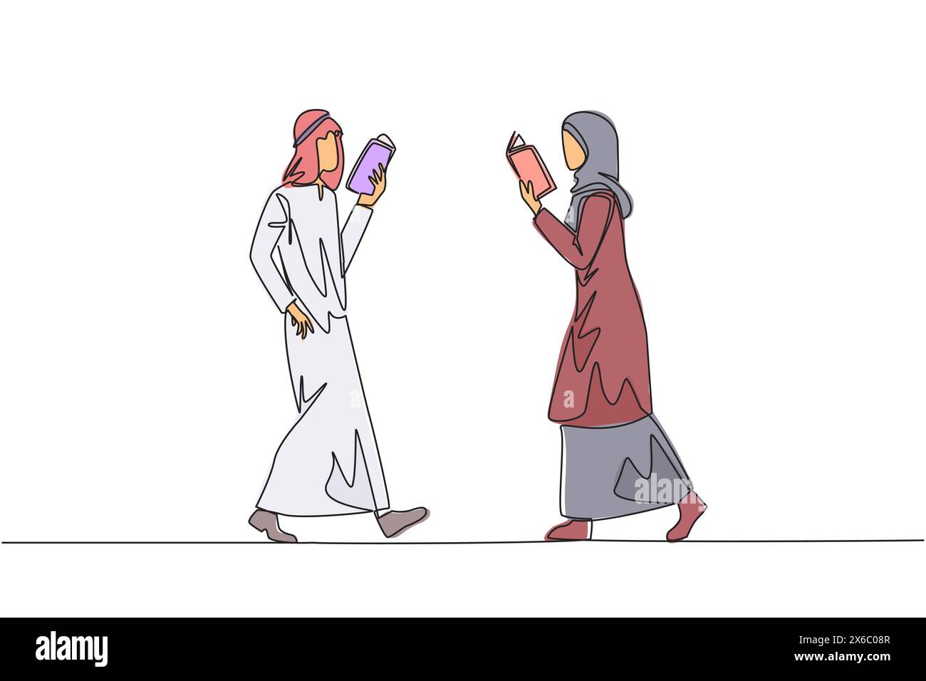 Single continuous line drawing Arab man woman walking face to face ...