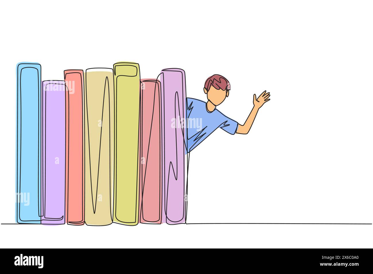Continuous one line drawing man appears from behind a row of books ...