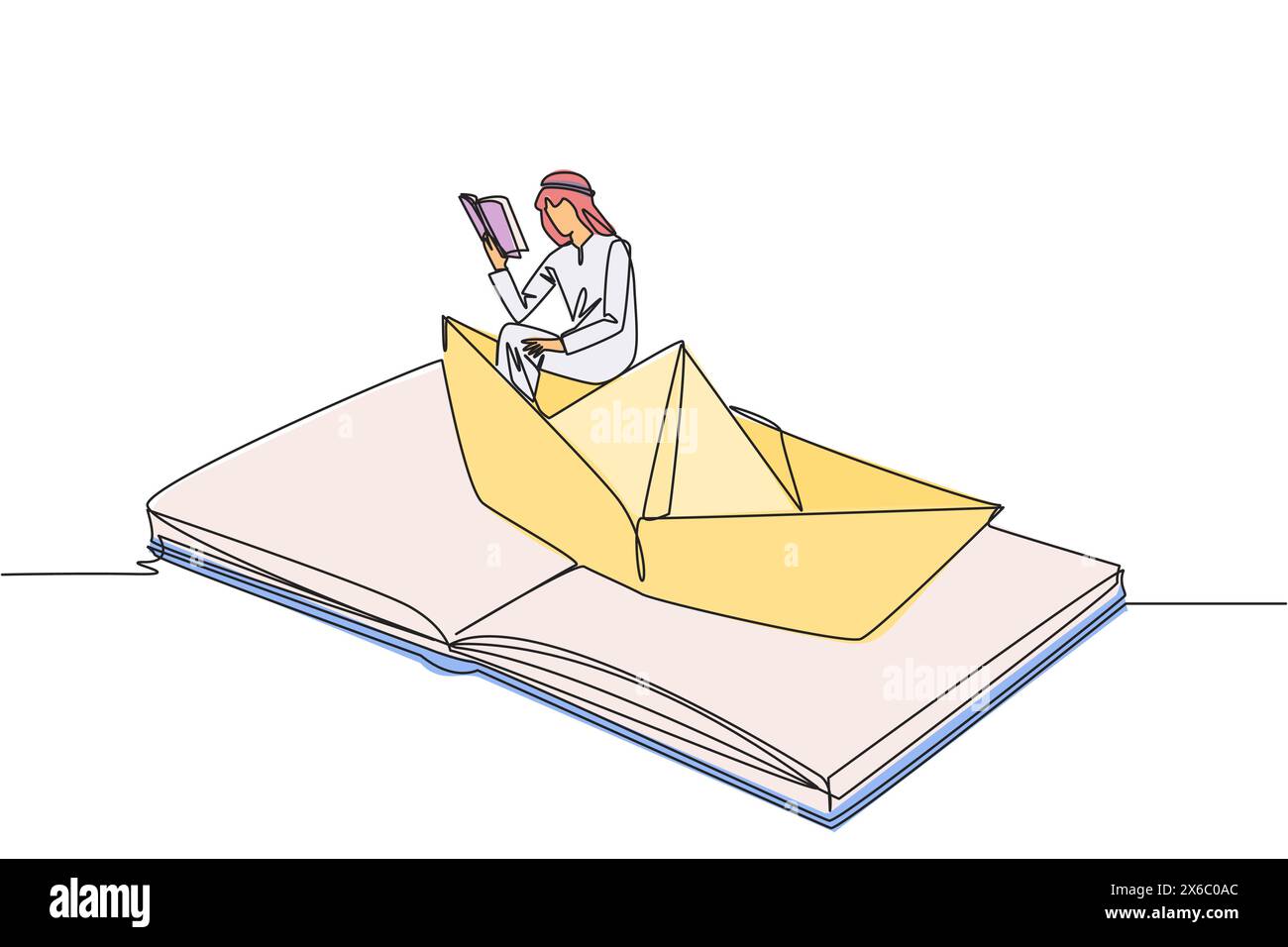 Single continuous line drawing Arab man reading a book on a paper boat ...