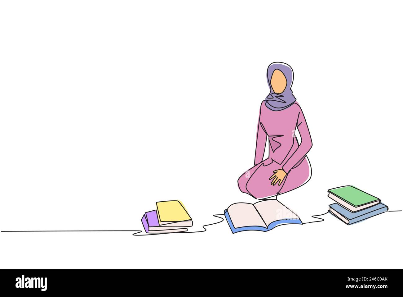 Single continuous line drawing Arabian woman reading the books happily ...