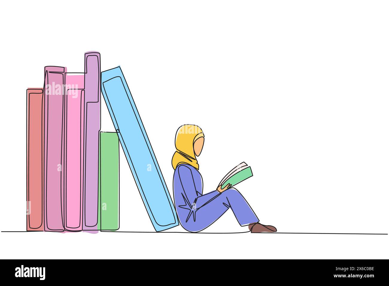 Continuous one line drawing Arabian woman reading sitting leaning ...