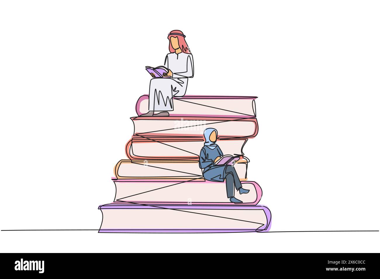 Single continuous line drawing Arab man woman sitting on pile of books ...