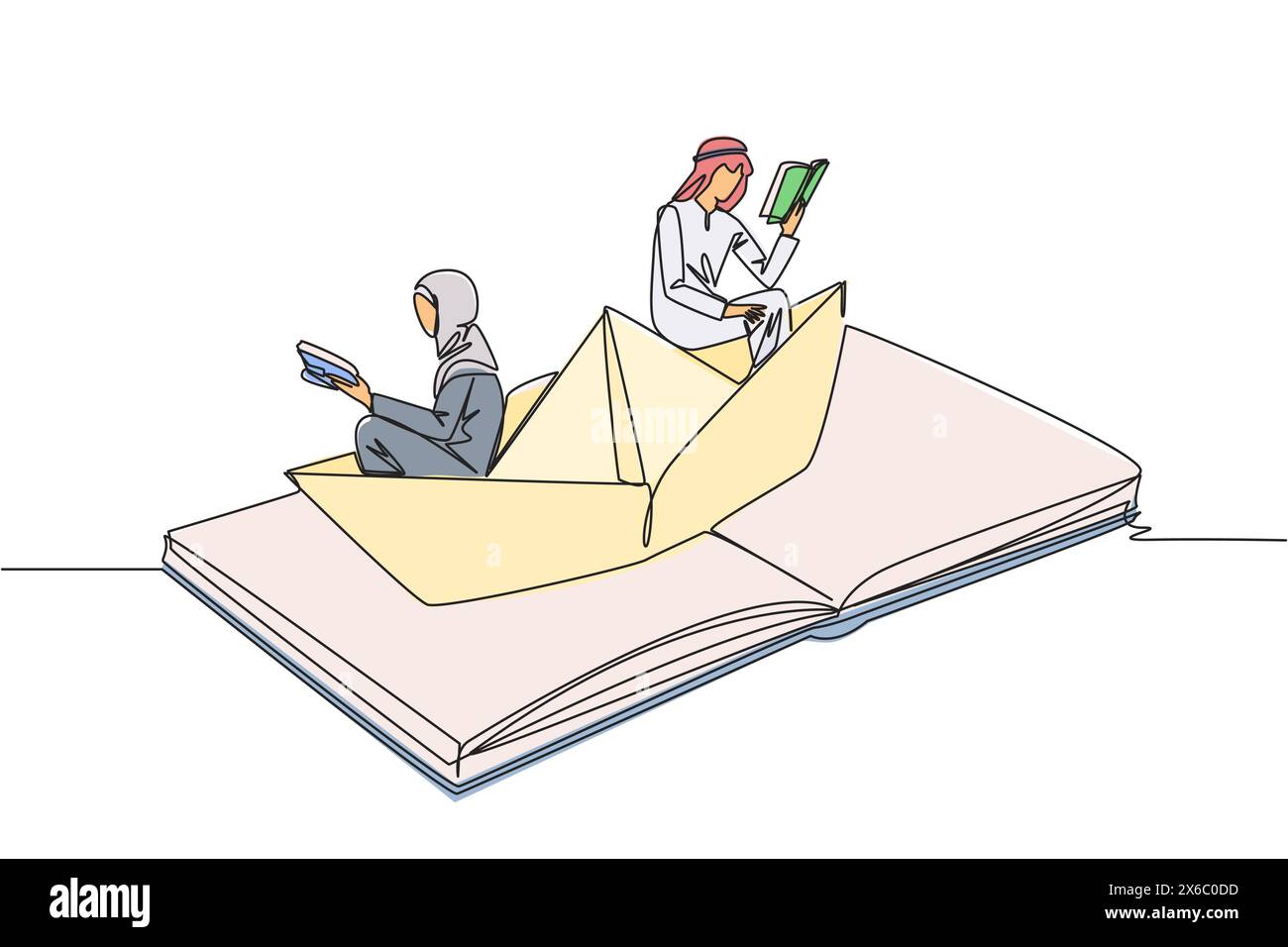 Single continuous line drawing Arabian man woman reading book on paper ...
