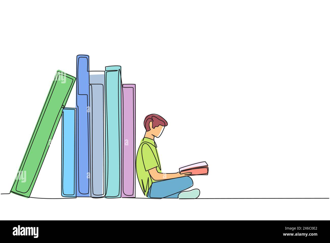 Single continuous line drawing man reading sitting leaning against a ...