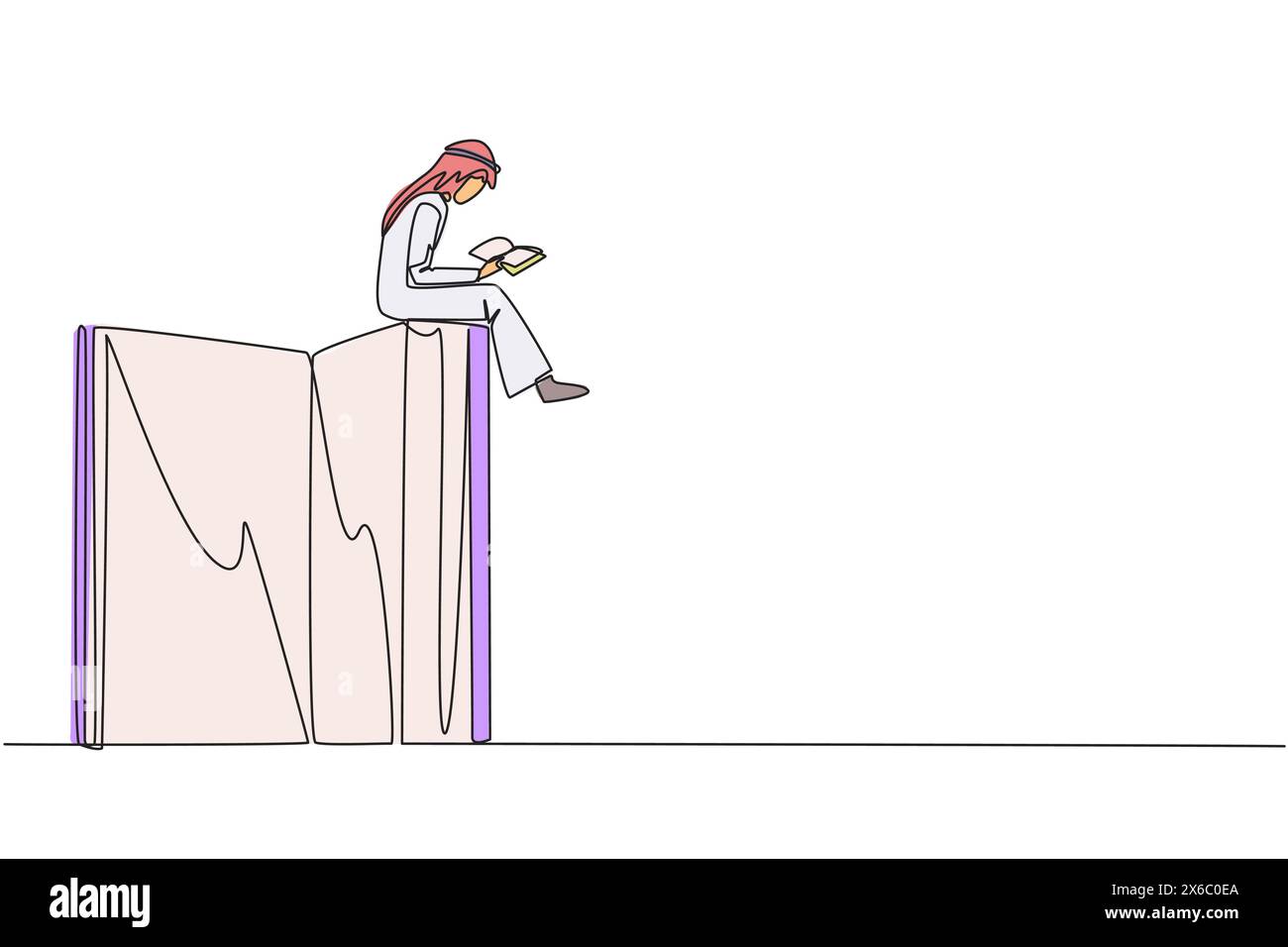 Continuous one line drawing Arabian man sitting on a big open book ...