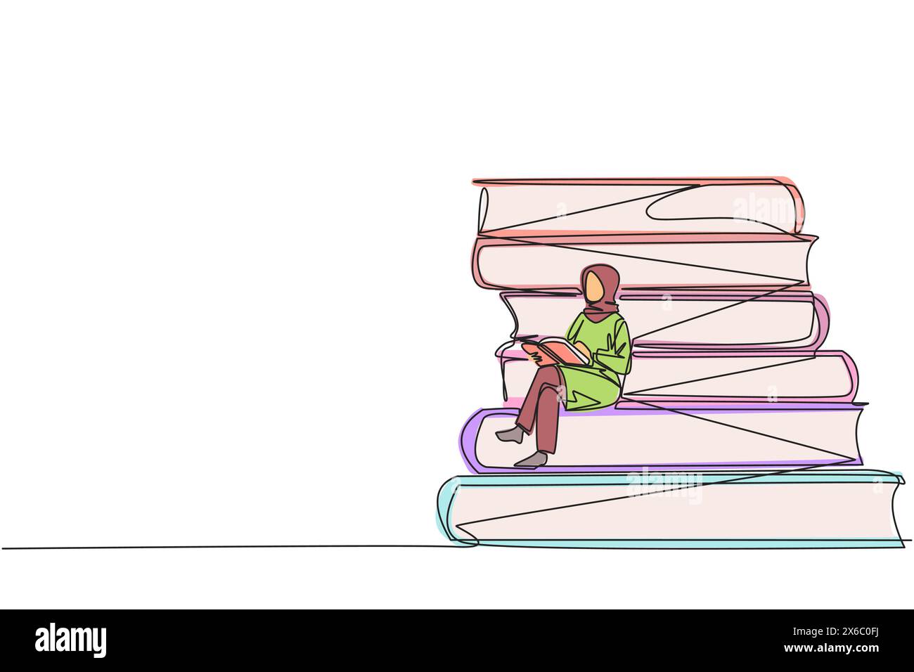Single one line drawing Arabian woman sitting on pile of books reading ...