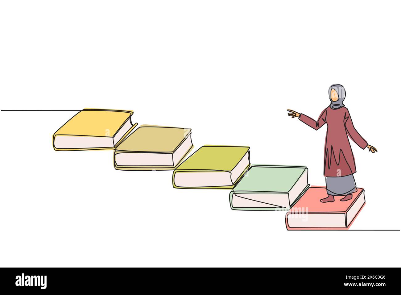 Single continuous line drawing Arab woman climb stairs from books ...