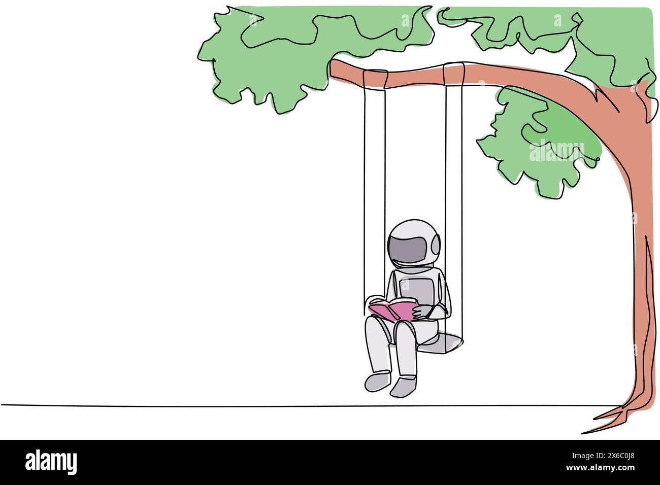 Single one line drawing astronaut sitting on a swing attached to a tree ...