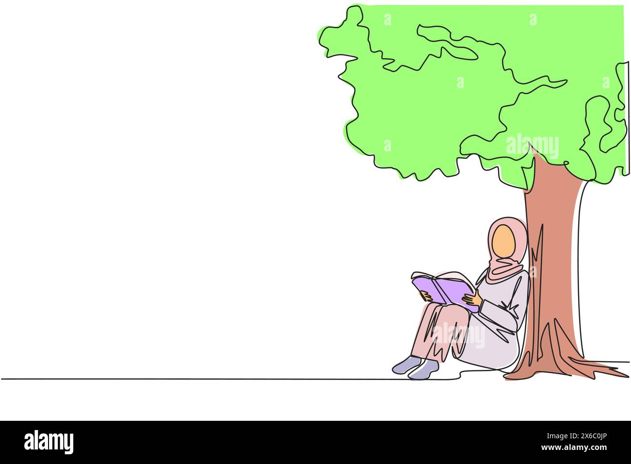 Continuous one line drawing Arab woman sitting reading book under shady ...