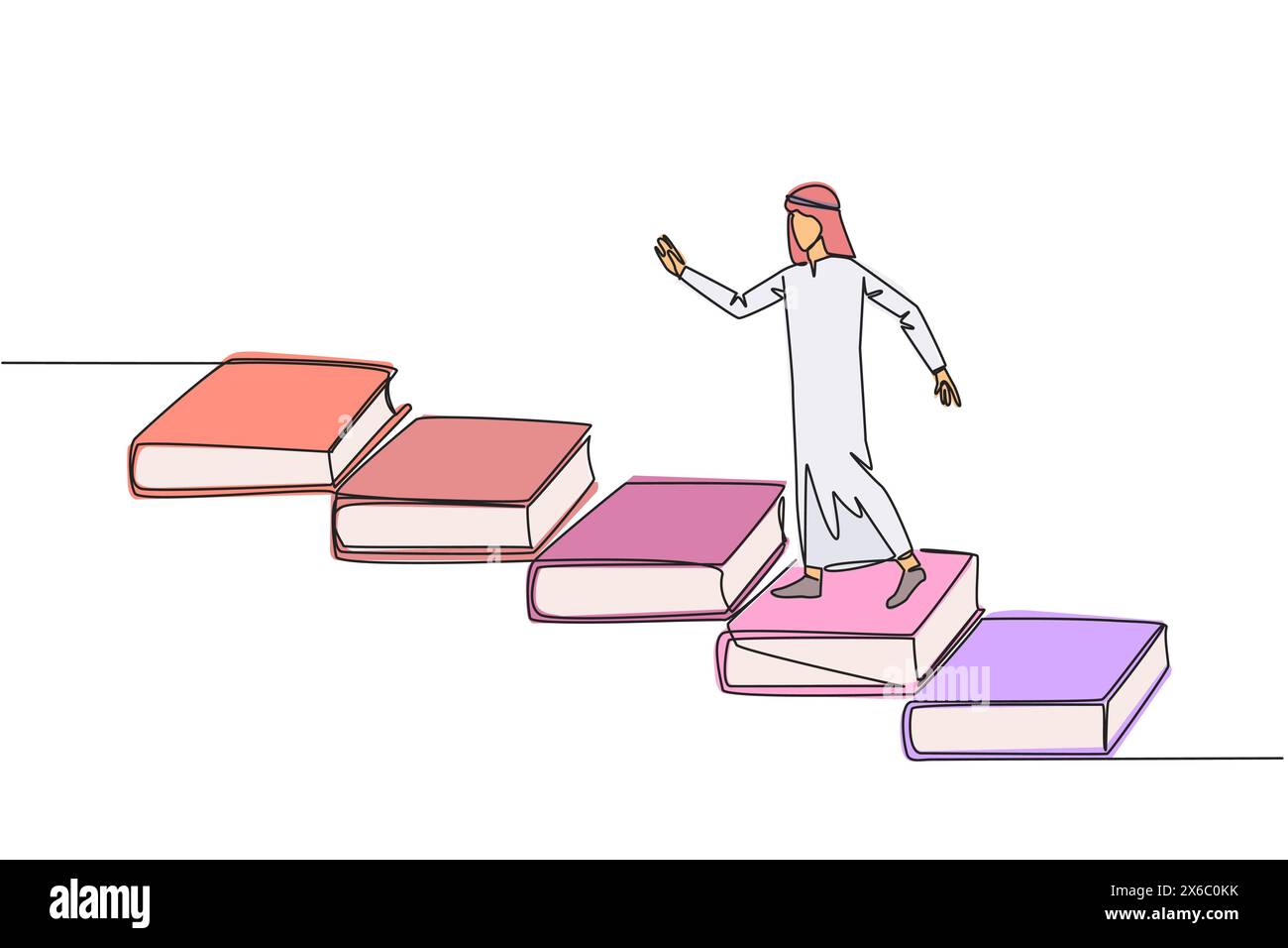 Single continuous line drawing Arab man climb stairs from books ...