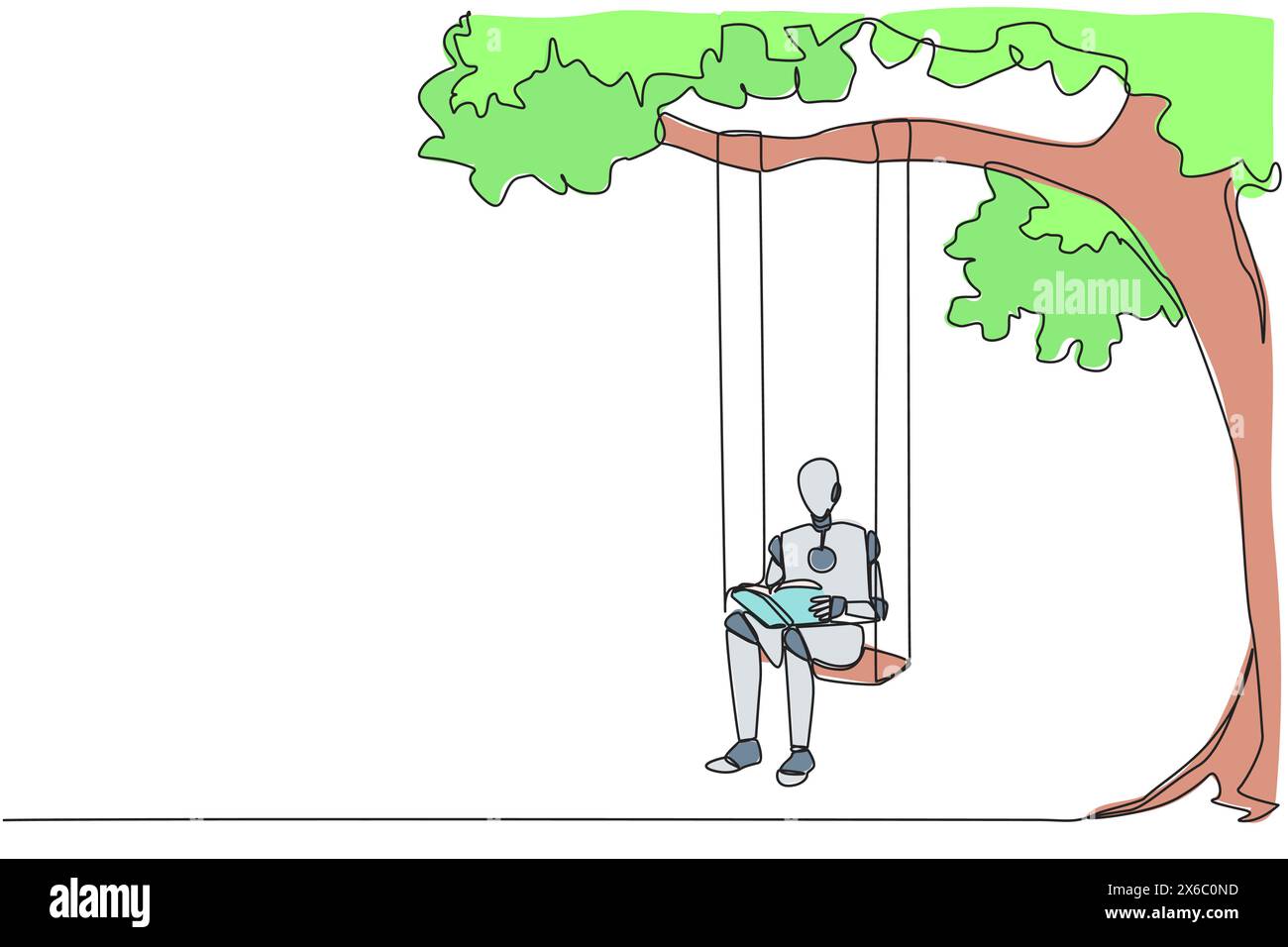 Continuous One Line Drawing Robot Sitting On A Swing Attached To A Tree
