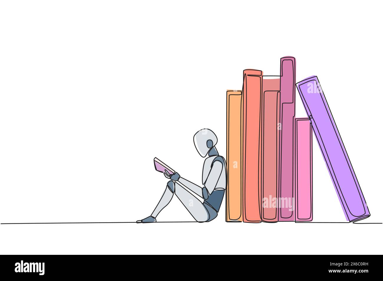 Single continuous line drawing robot reading sitting leaning against ...