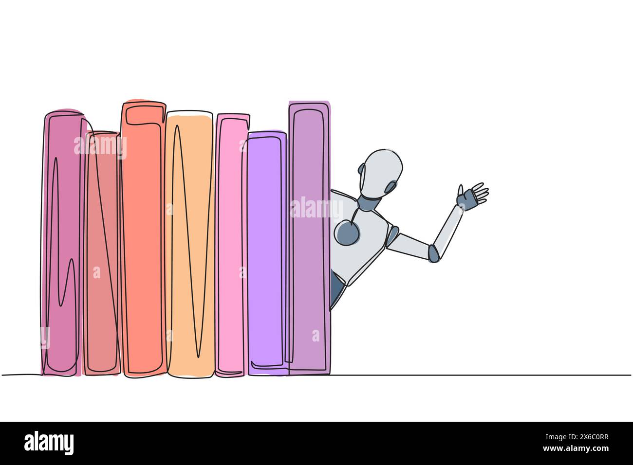 Single continuous line drawing smart robot appears from behind a row of ...