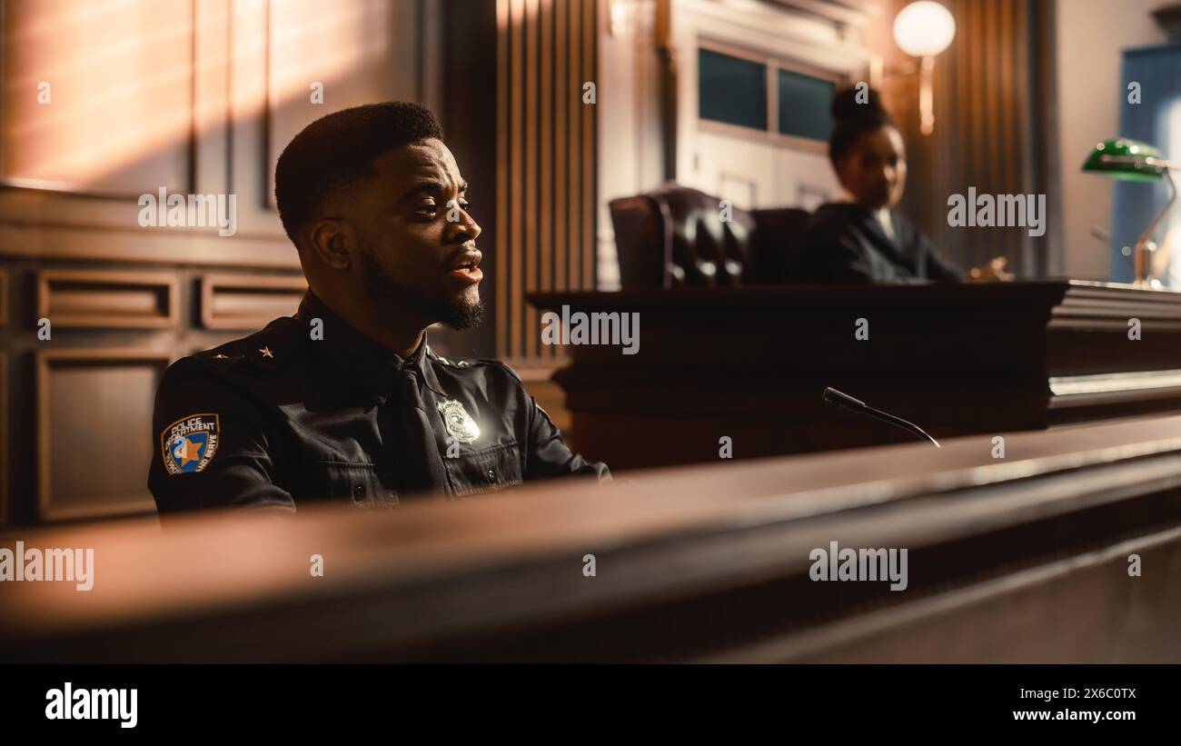 Court of Law and Justice Trial Stand: Portrait of Black Policeman ...