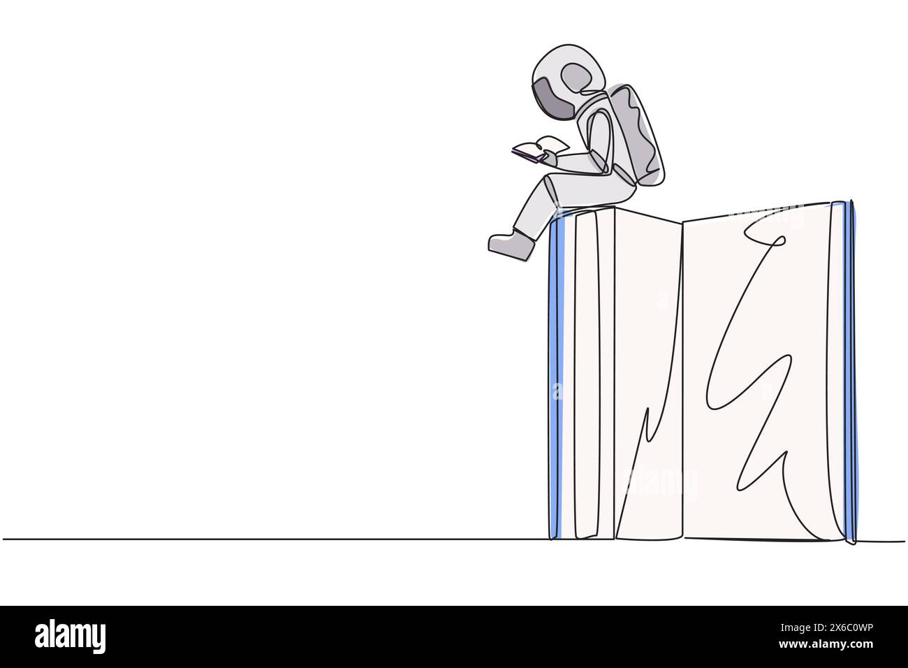 Single one line drawing young astronaut sitting on a big open book ...