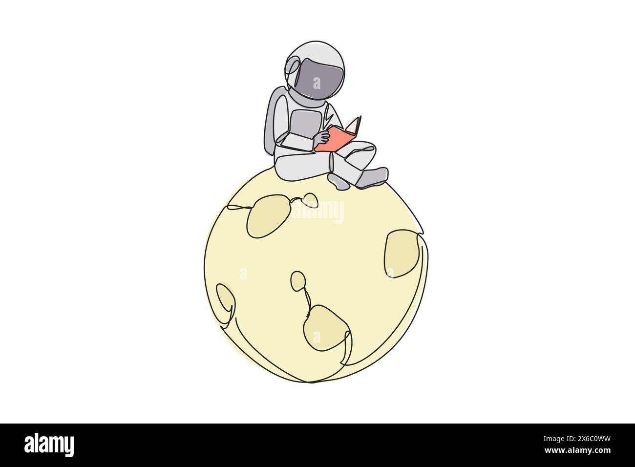 Continuous one line drawing astronaut sitting on the moon reading ...