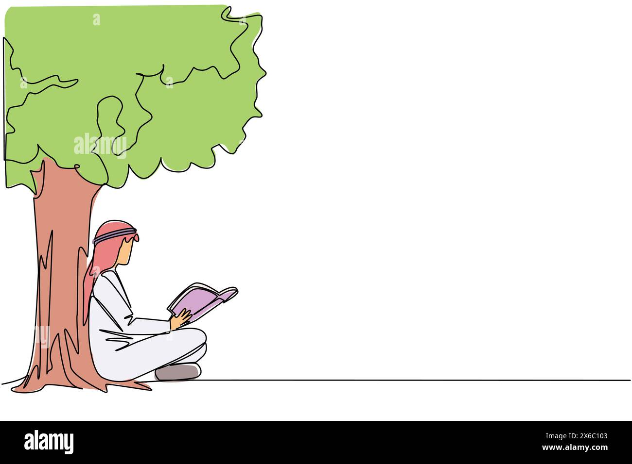 Continuous one line drawing Arab man sitting reading book under shady ...