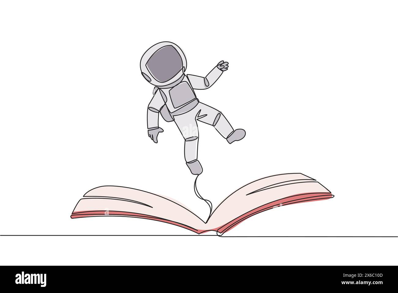 Continuous one line drawing astronaut hovering over an open book. Imagination to be astronaut ...