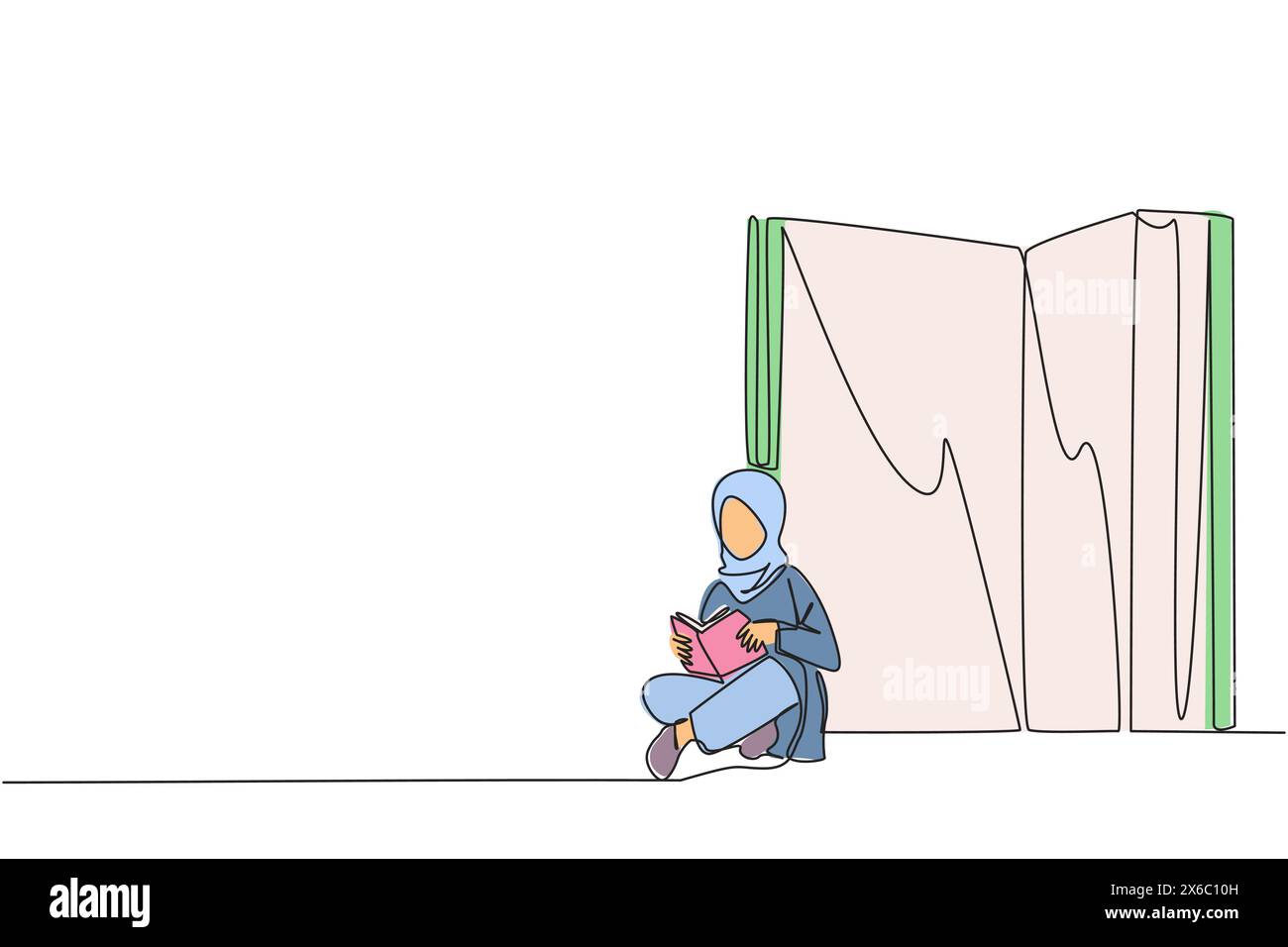Single one line drawing Arab woman sitting in front of a big open book ...