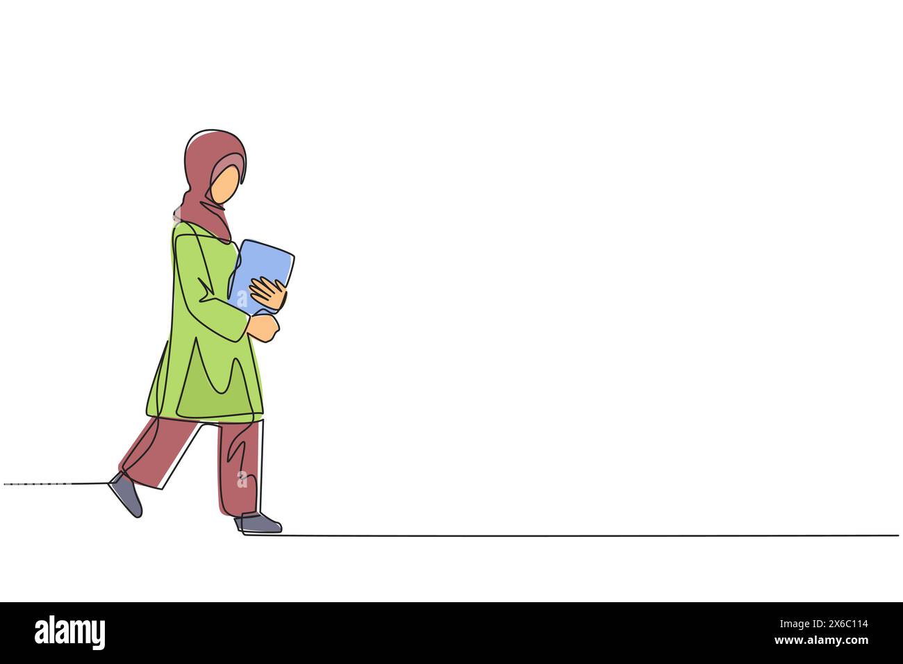 Continuous one line drawing Arabian woman walking carrying a book ...