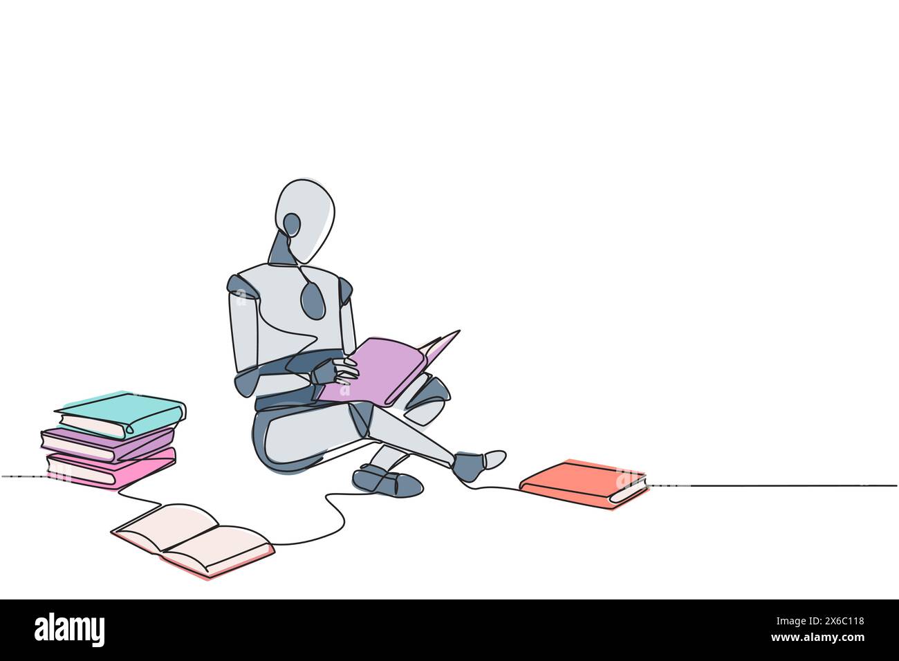 Continuous one line drawing robot sitting relax in library reading lot ...
