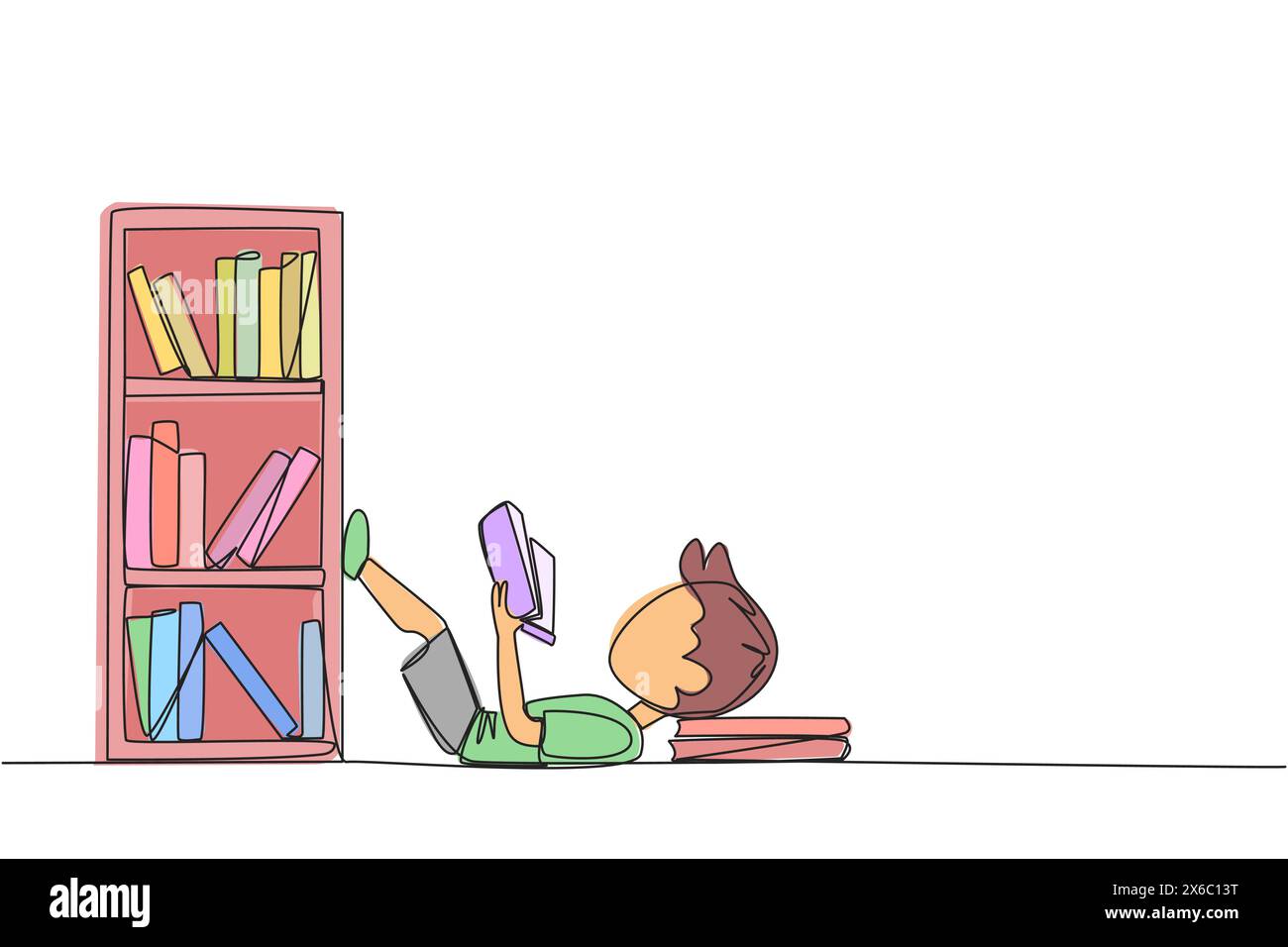 Single one line drawing boy lying on back reading fiction story book ...