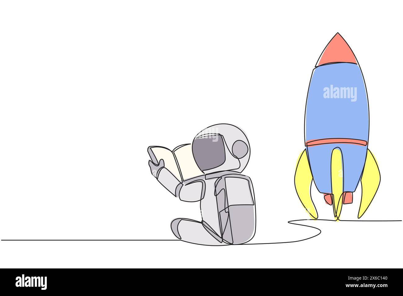 Continuous one line drawing sitting reading a book next to the rocket ...