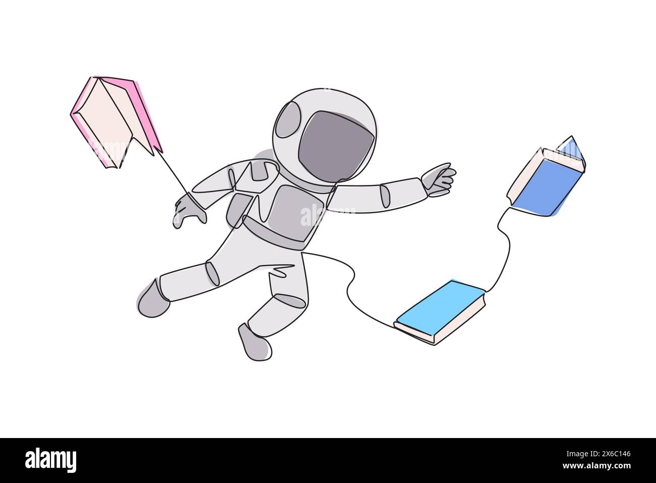 Single continuous line drawing astronauts floating in space trying to pick up books. No gravity ...