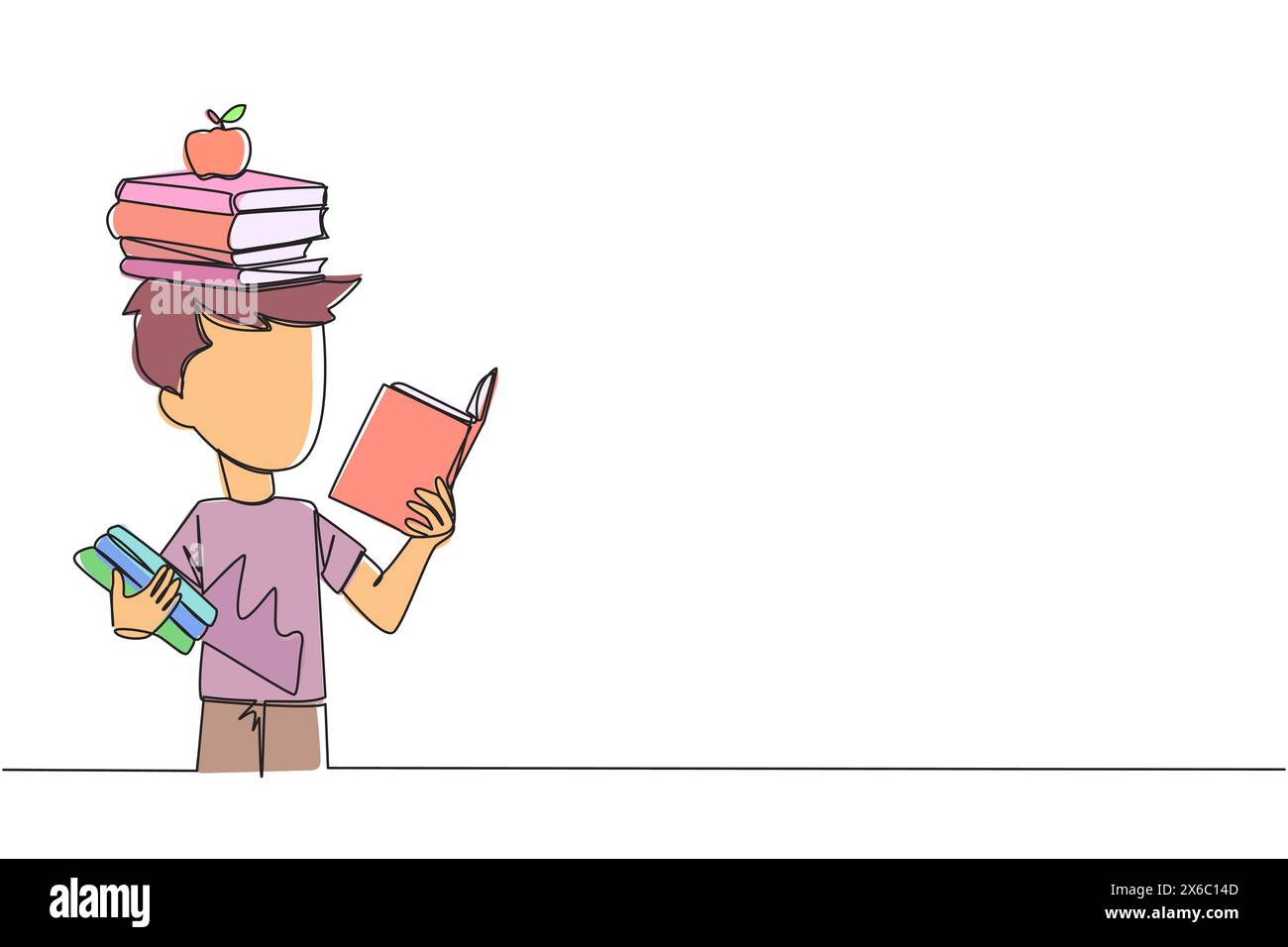 Single one line drawing boy reading a book practicing balance. Stack ...
