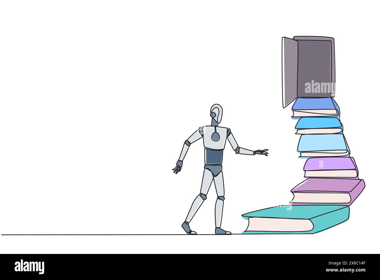 Continuous one line drawing robot climb stairs from the book stack ...