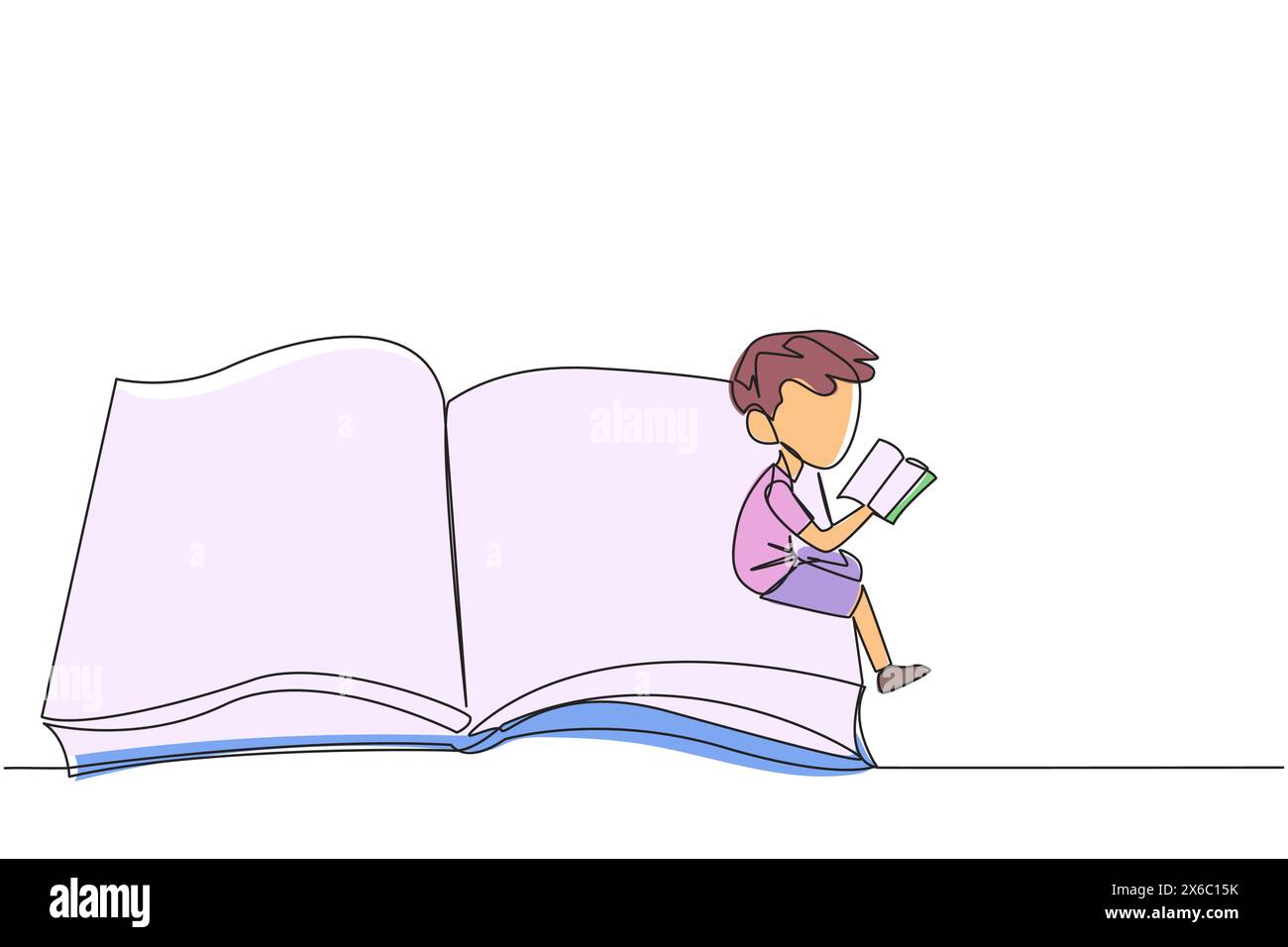 Single one line drawing serious boy sitting on the edge of a large open ...