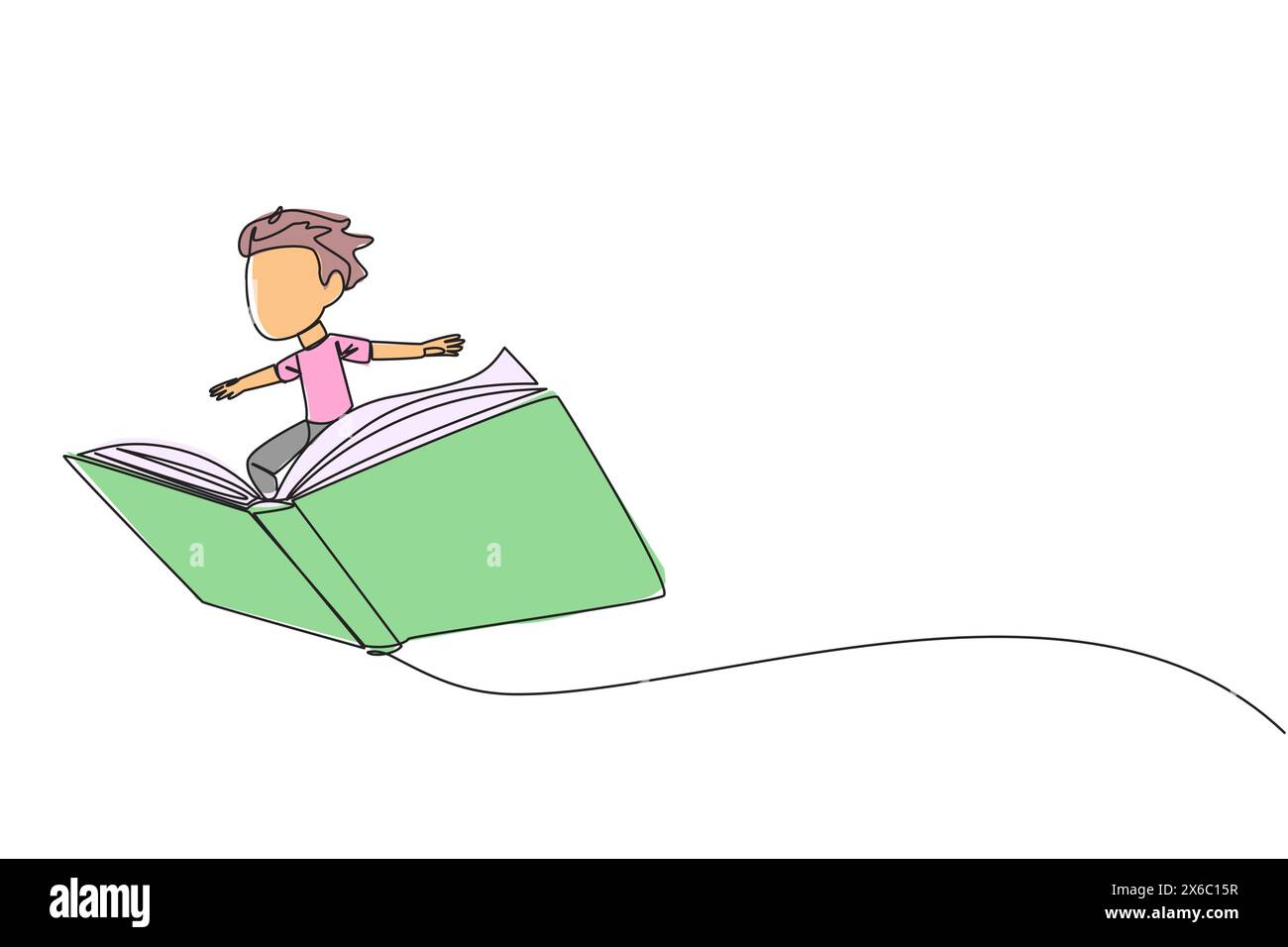 Single continuous line drawing boy standing on a large flying open book ...