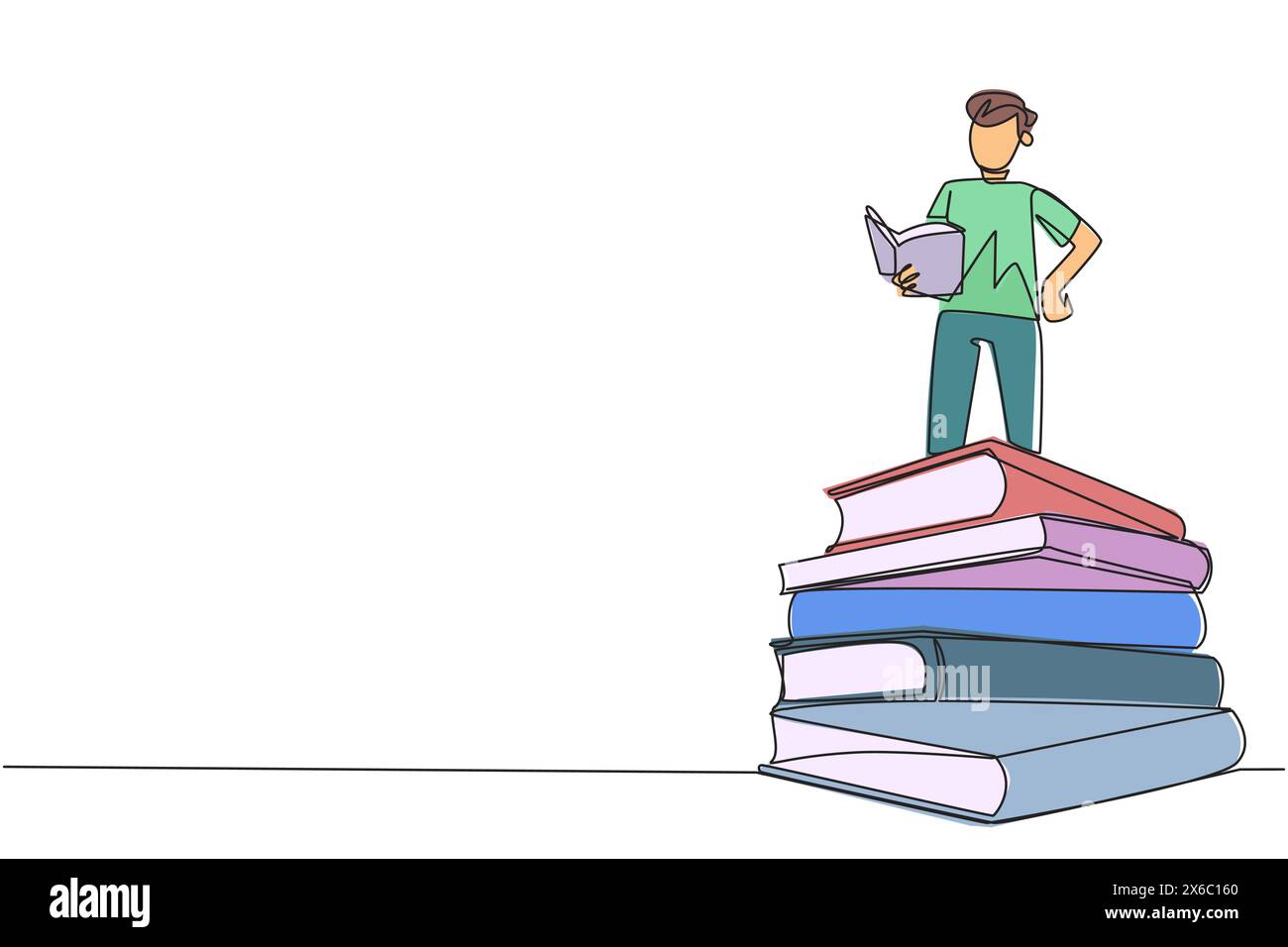 Single one line drawing man standing on pile of books reading a fiction ...