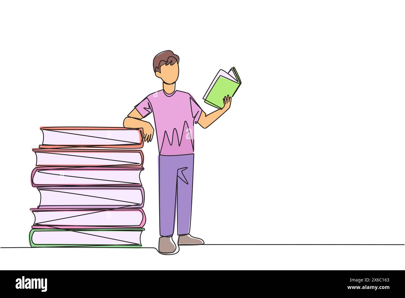 Single continuous line drawing clever man standing reading a book while ...