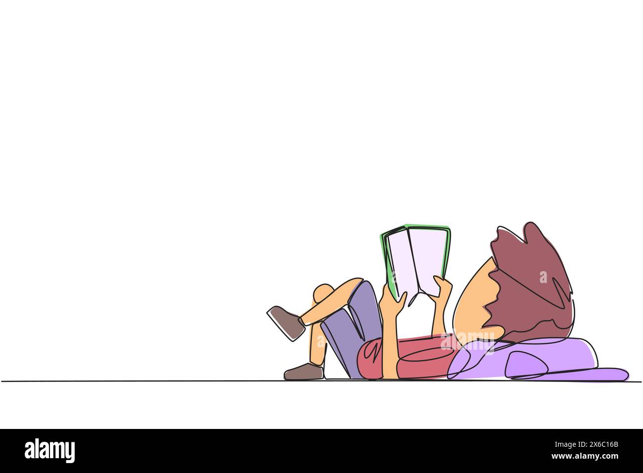 Single continuous line drawing boy lying on back reading book. Reading ...