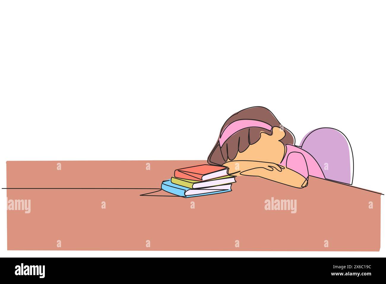 Single one line drawing girl asleep at the table where there were piles ...