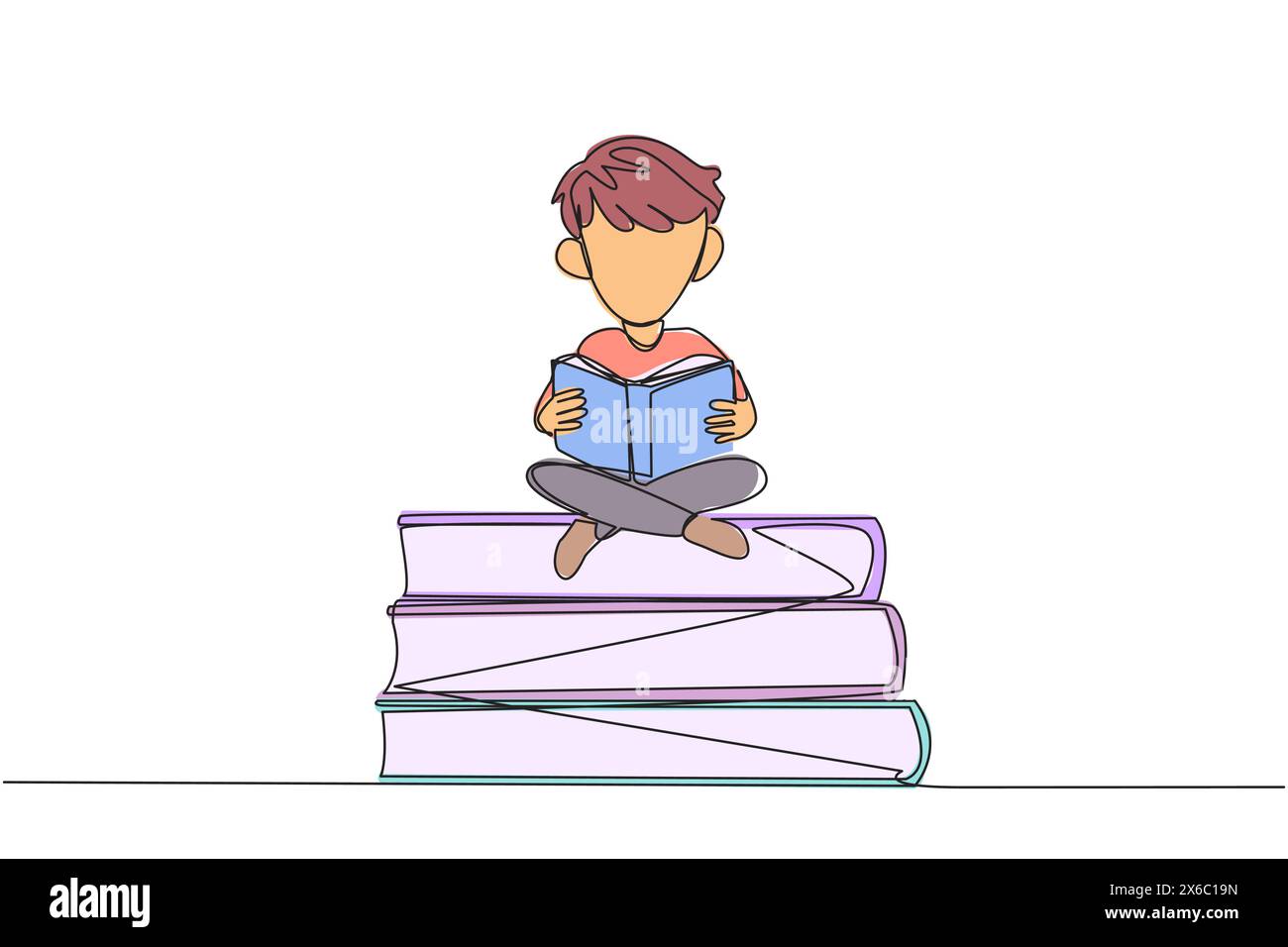 Single continuous line drawing boy sitting cross-legged on pile of ...