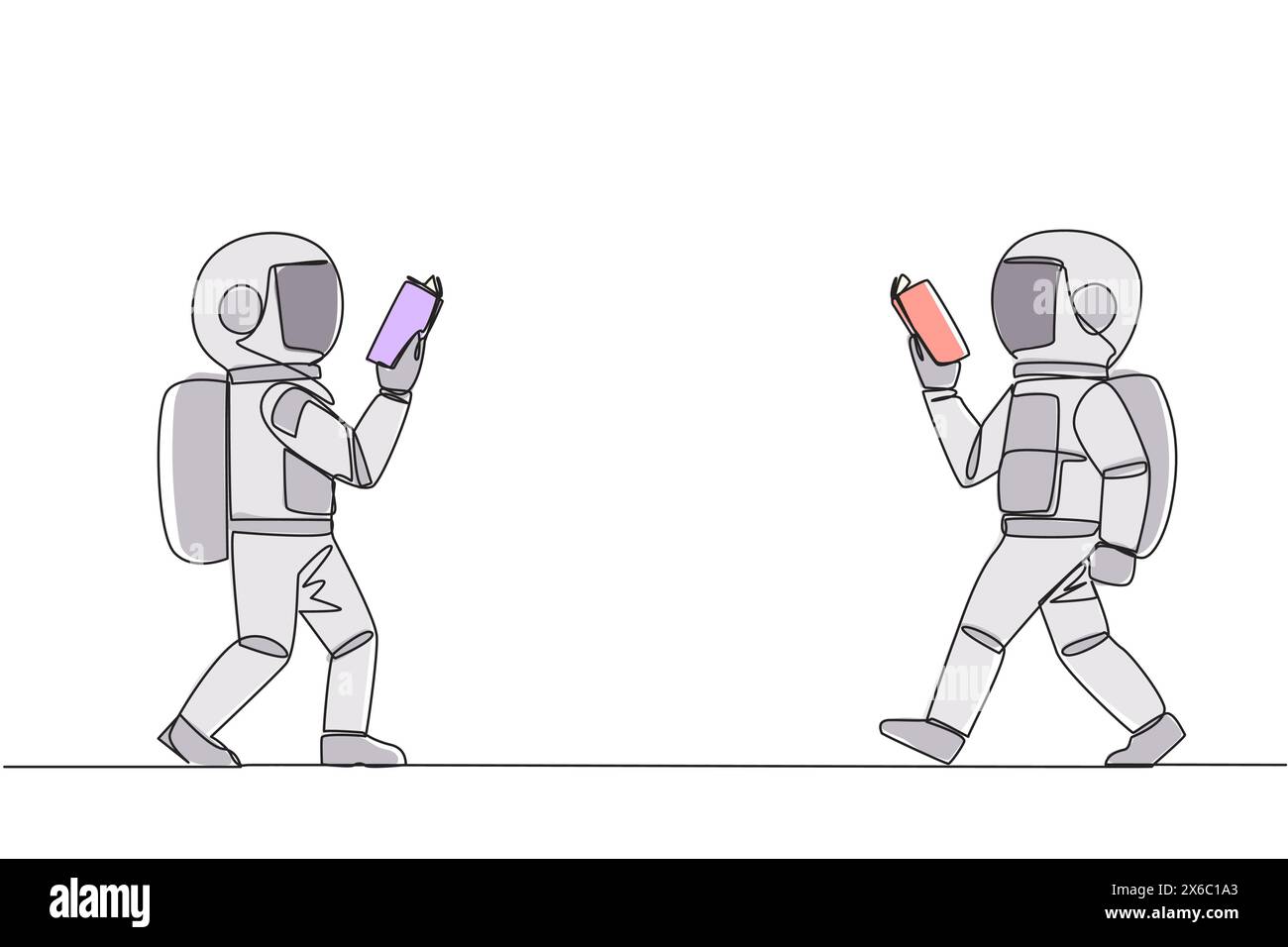 Single continuous line drawing two astronauts walking face to face reading books. Gesture of ...