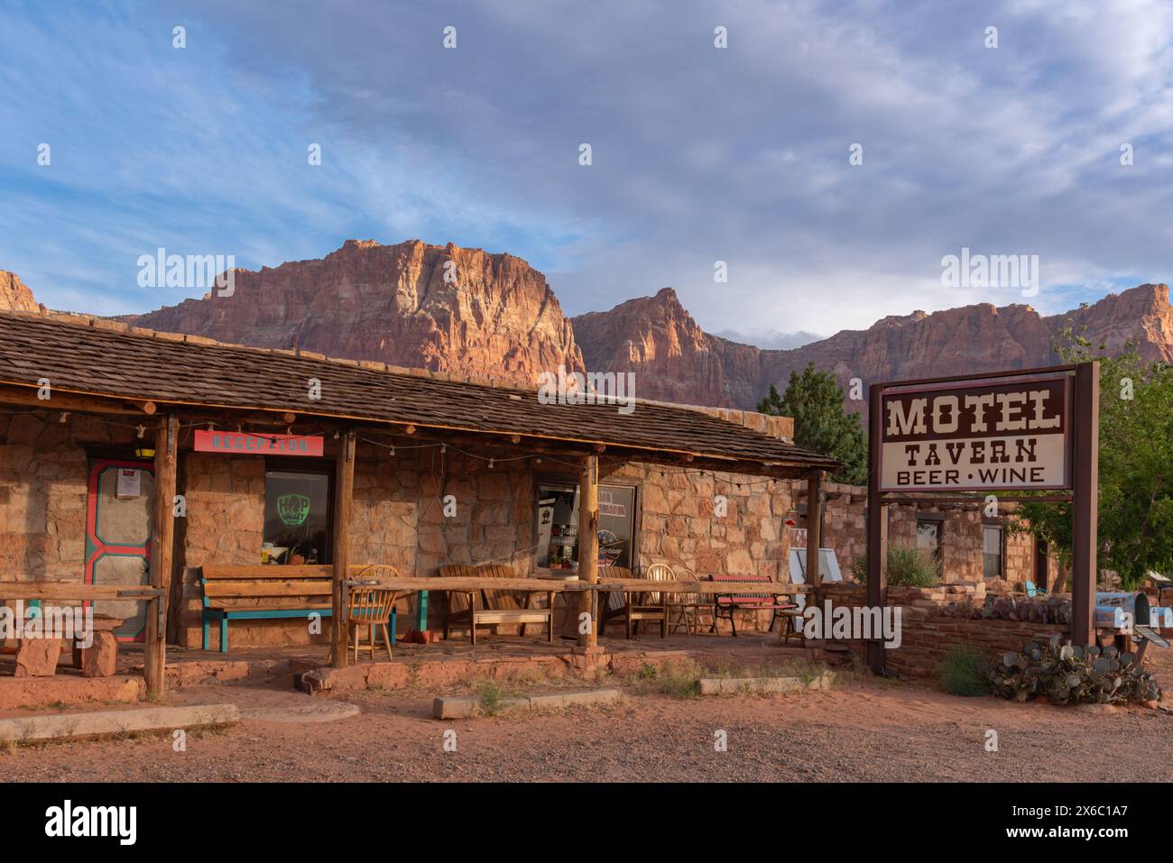 Stone facade of Lee's Ferry Lodge, with large sign for motel and tavern ...