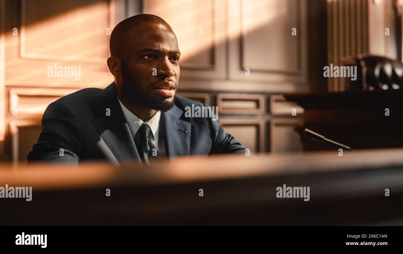 Court of Law and Justice Trial Stand: Portrait of Handsome Male Witness ...