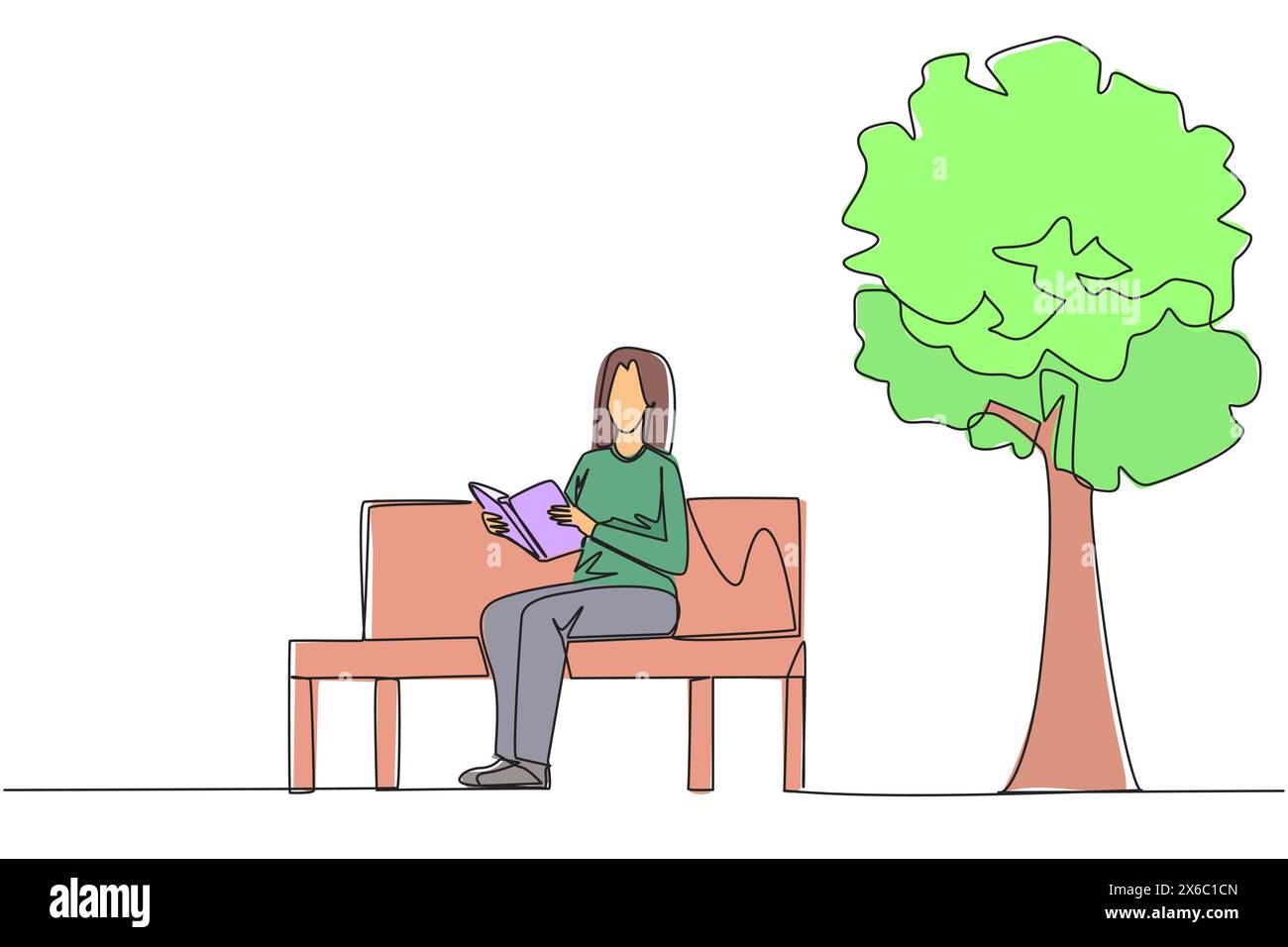 Single one line drawing woman sitting on park bench reading the book ...