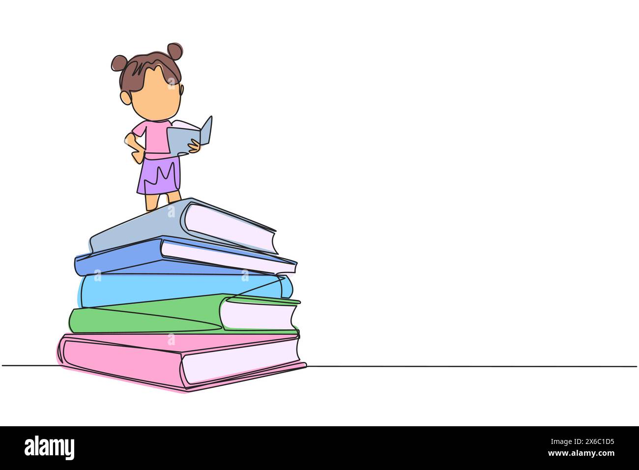 Single continuous line drawing girl standing on pile of books reading a ...
