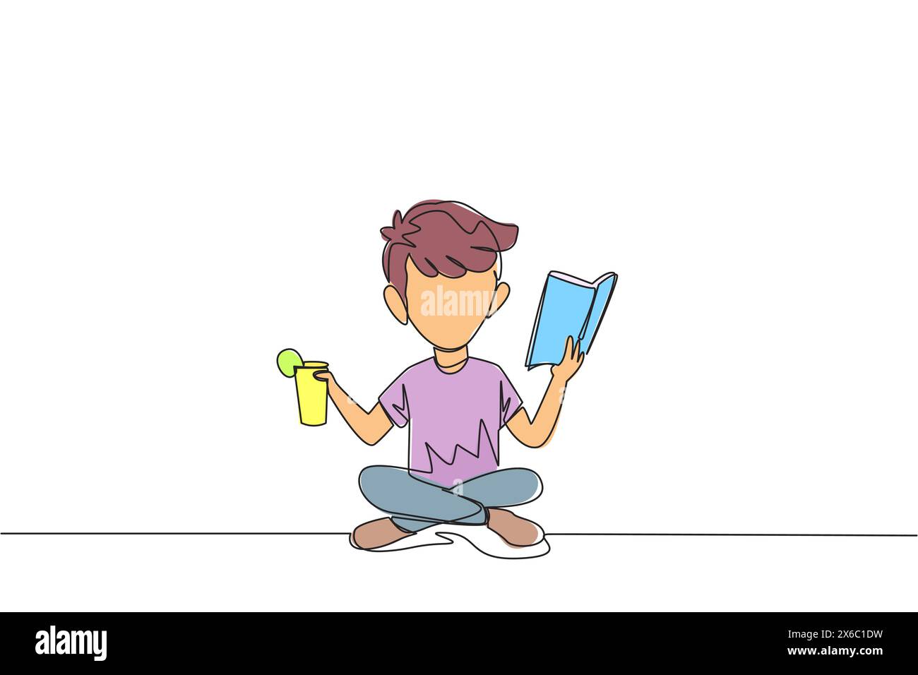 Continuous one line drawing boy sitting cross-legged reading book ...