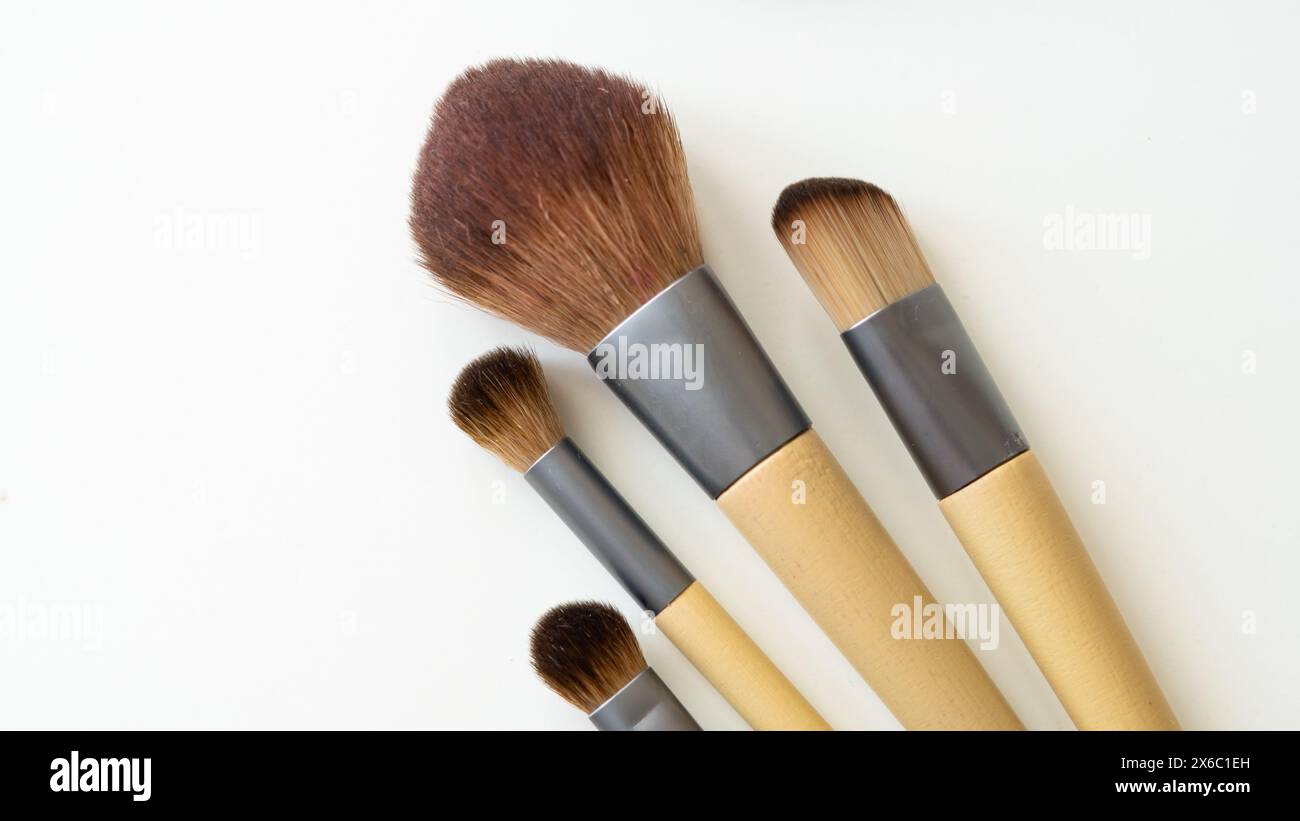 Wooden organic makeup brushes on white backdrop. Eco-friendly ...
