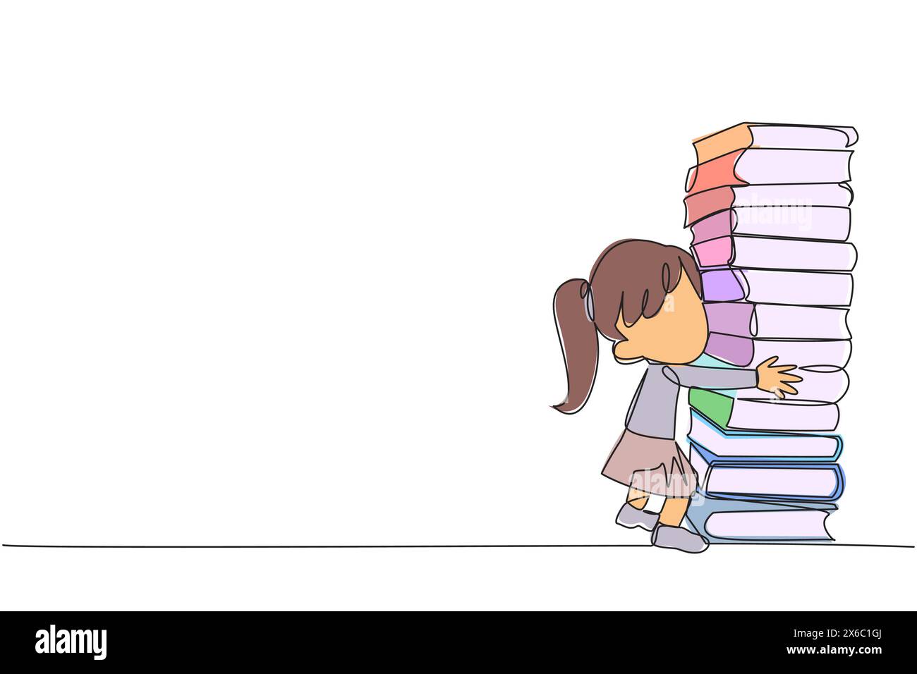 Continuous one line drawing girl hugging very high pile of books. Hobby ...