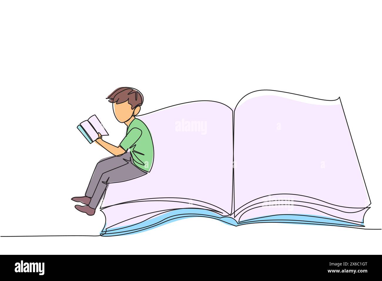 Continuous one line drawing serious man sitting on the edge of a large open book. Study before ...