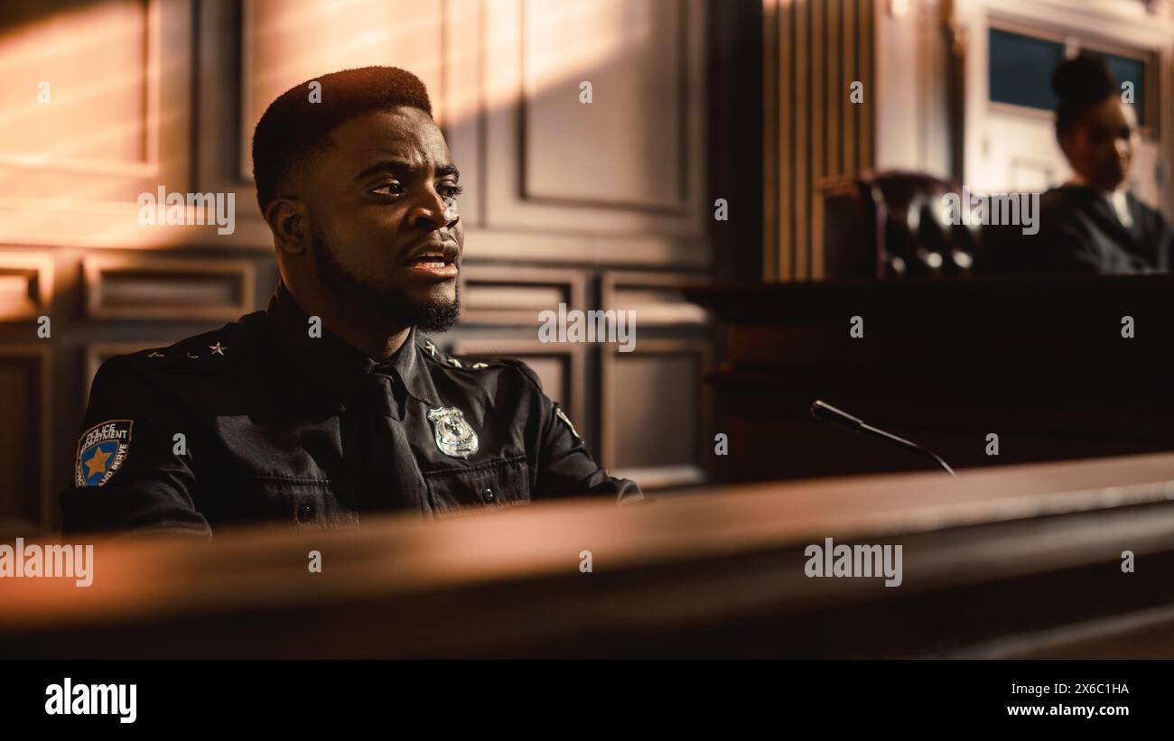 Court of Law and Justice Trial Stand: Portrait of Black Policeman ...