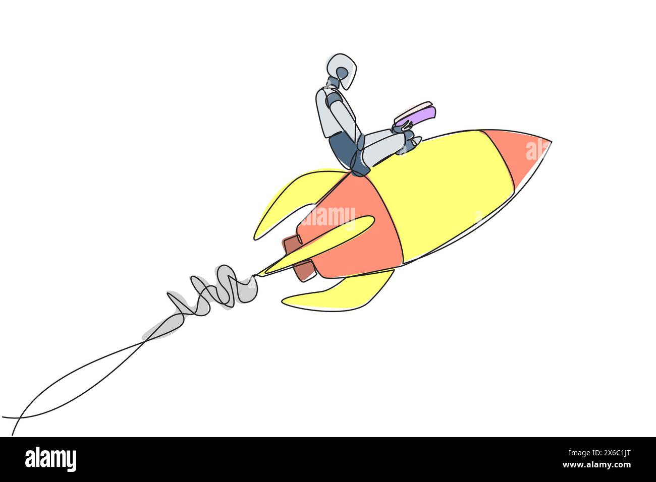 Single continuous line drawing smart robotic flying on a rocket reading ...