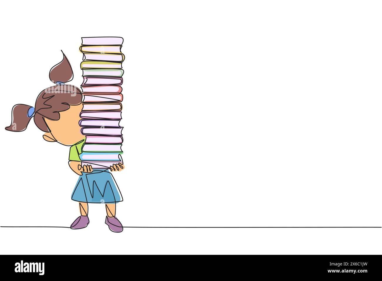 Continuous one line drawing girl carrying tall stack of books covering ...
