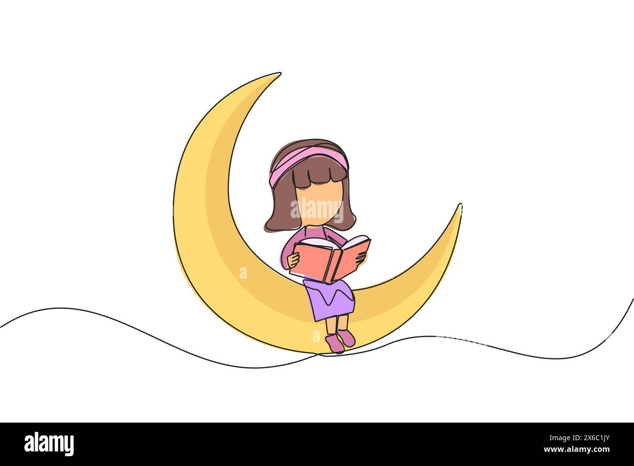 Continuous one line drawing girl sitting on crescent moon reading a ...